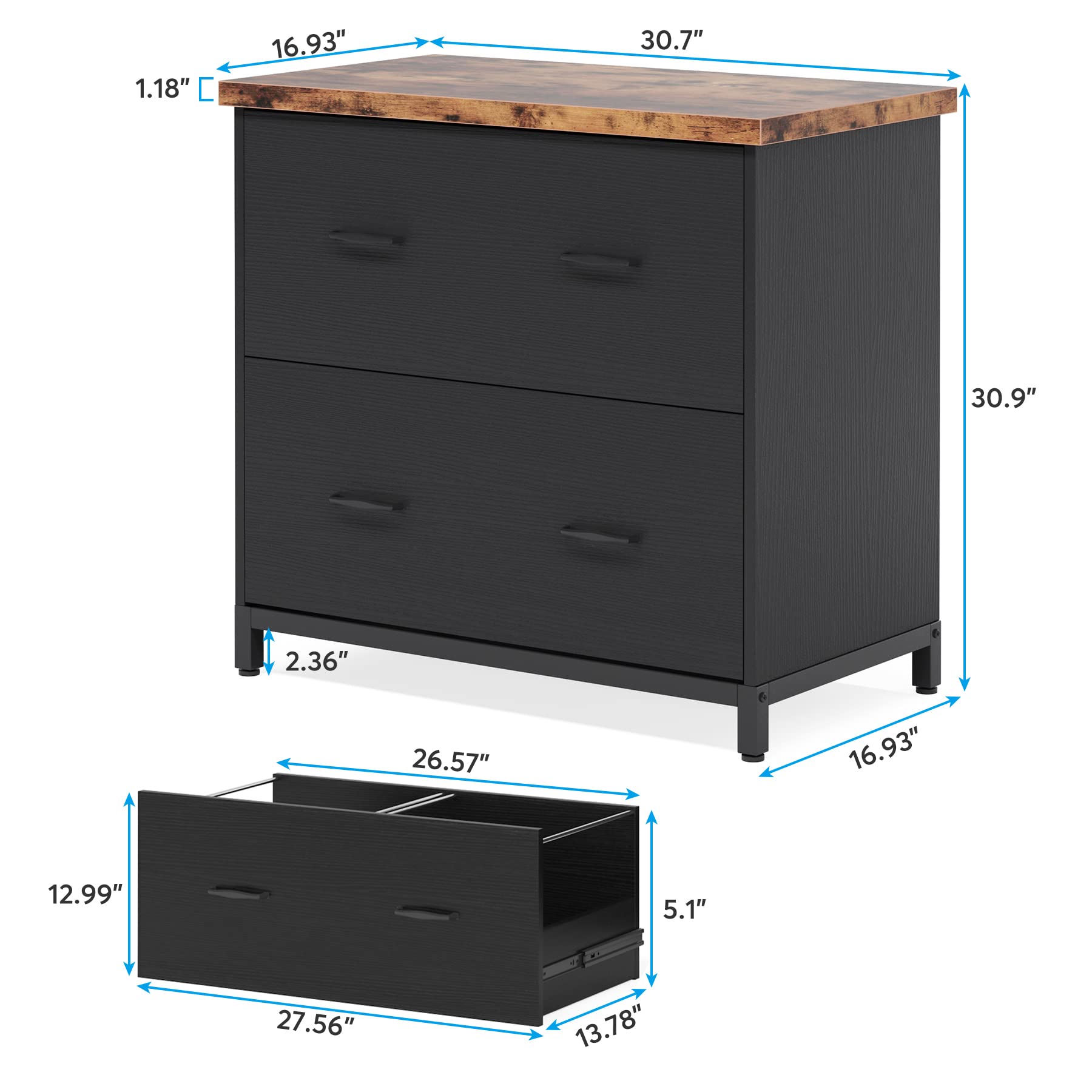 Tribesigns 2-Drawer File Cabinet, Wood Lateral Filing Cabinet, Home Office File Cabinet for A4, Letter Size, Rustic Brown & Black