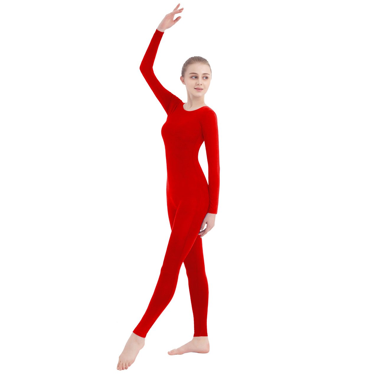 Unisex Scoop Neck Footless Spandex Long Sleeve Unitard (Small, Red)