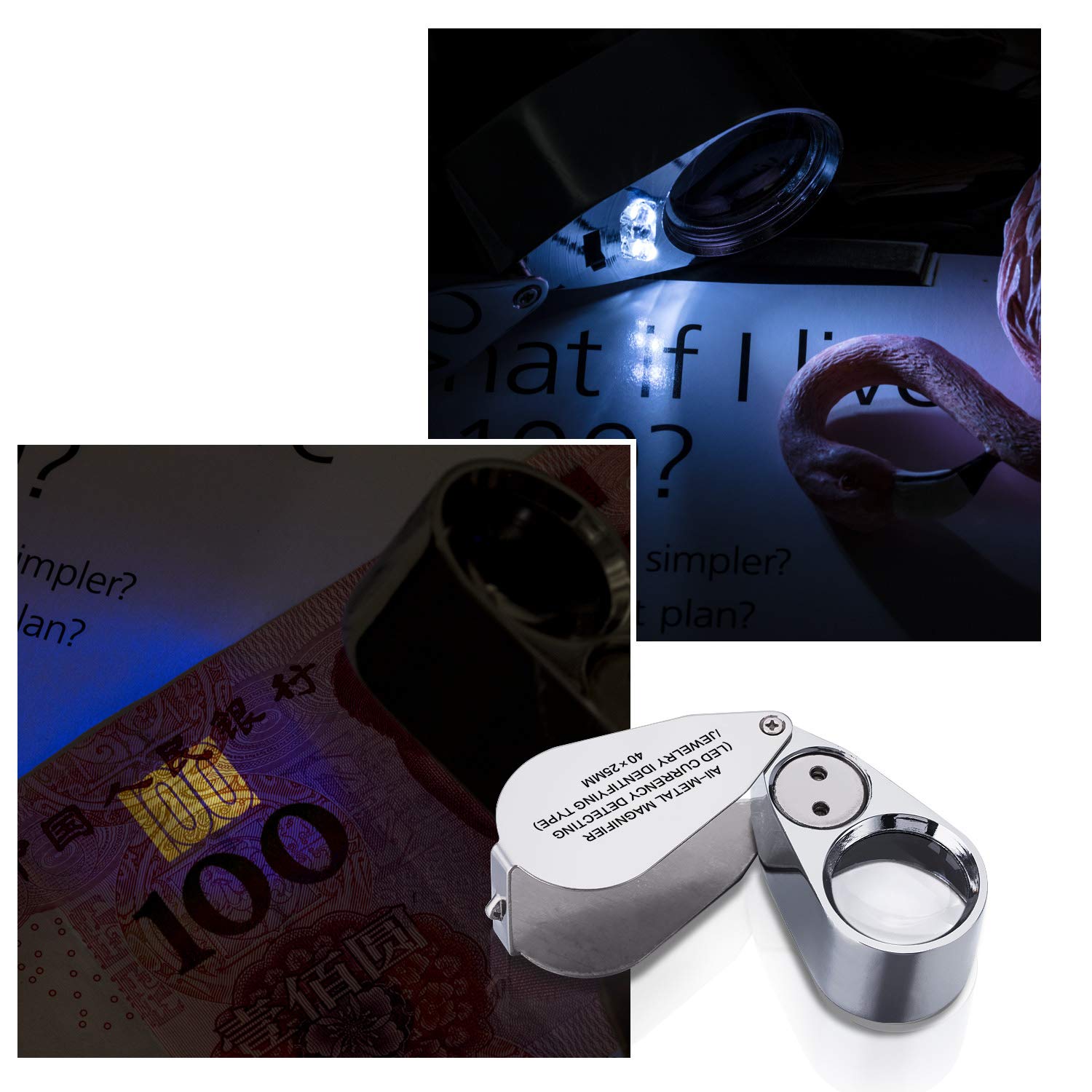 Wanapure 40× Metal Jewelry Loop Magnifier, Jewelers Eye Loupe with LED Light, Includes Drawstring Bag and Adjustable Lanyard, Pocket Illuminated Magnifying Glass for Gems, Rock Collection