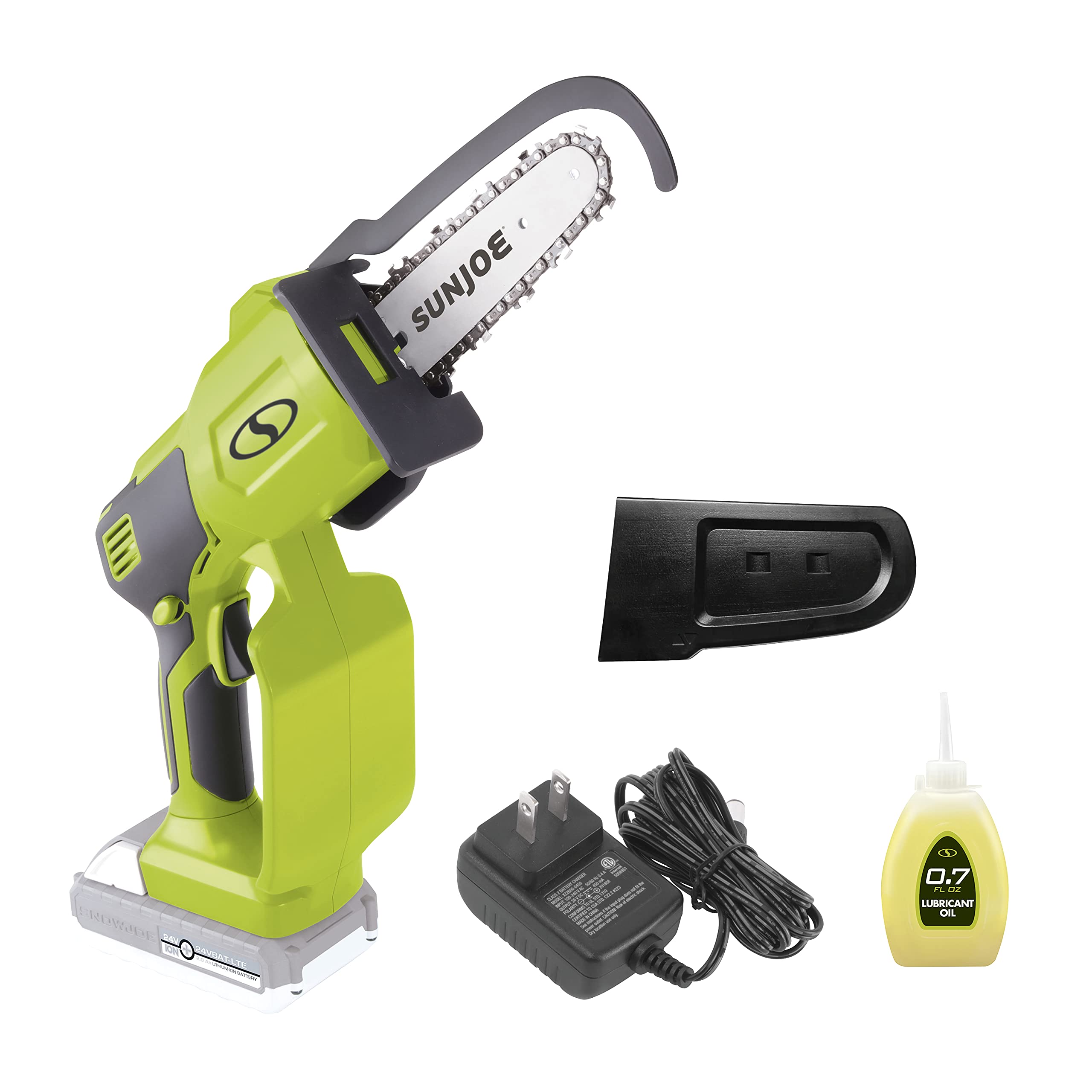 Sun Joe 24V Cordless Mini Chainsaw Bundle with Premium Oil and Cordless Grass Shear + Shrubber Handheld Trimmer