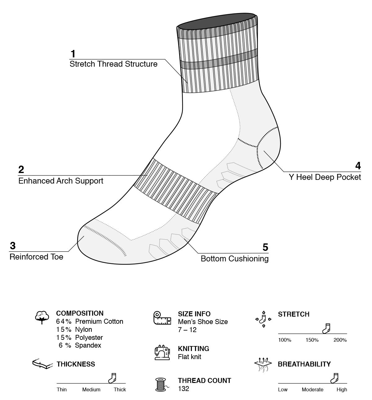 u&i Men's Performance Cushion Cotton Athletic Quarter Crew Socks