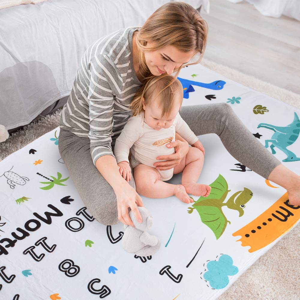 WERNNSAI Dinosaur Baby Monthly Milestone Blanket - Soft Flannel Nursery Bed Blankets for Boys Newborn Blankets, Photography Backdrop with Props