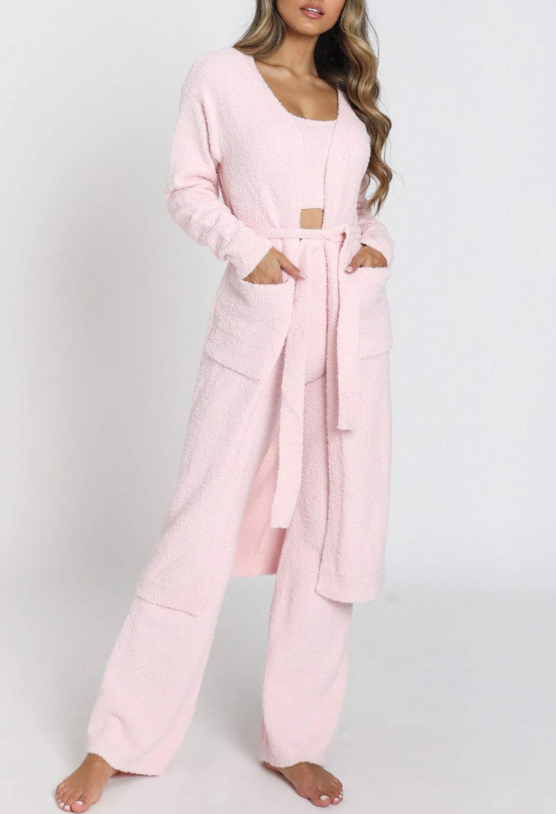 VamJump Womens 3 Piece Pajama Set Scoop Neck Vest Tops High Waist Pants Open Front Cardigan Set,Pink,S