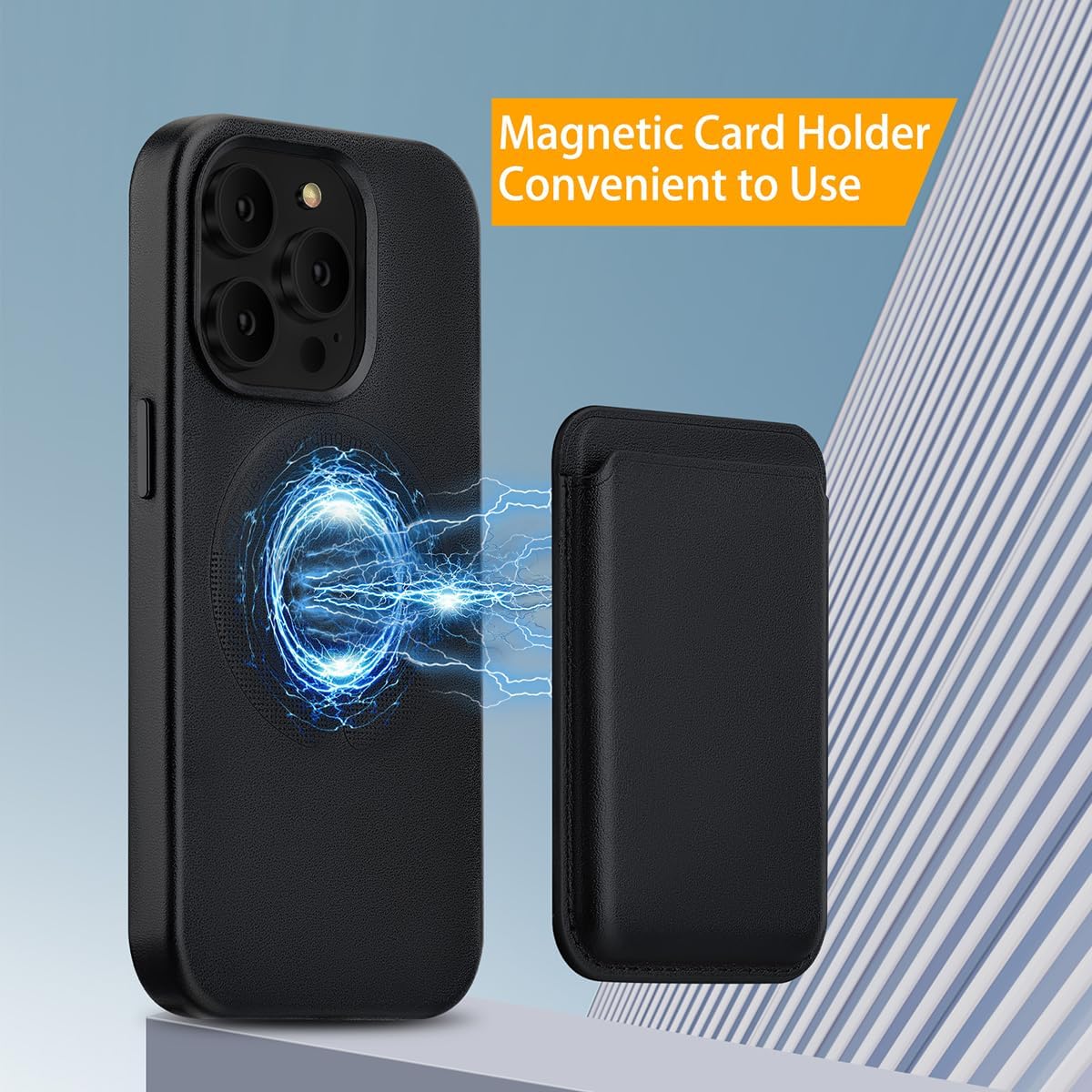 THMEIRA Compatible with iPhone 14 Pro Max Leather Case [ Compatible with MagSafe ] with Magnetic Wallet Card Holder [ PU Leather ] [ Slim Fit ] with Tempered Glass Screen Protector - Black