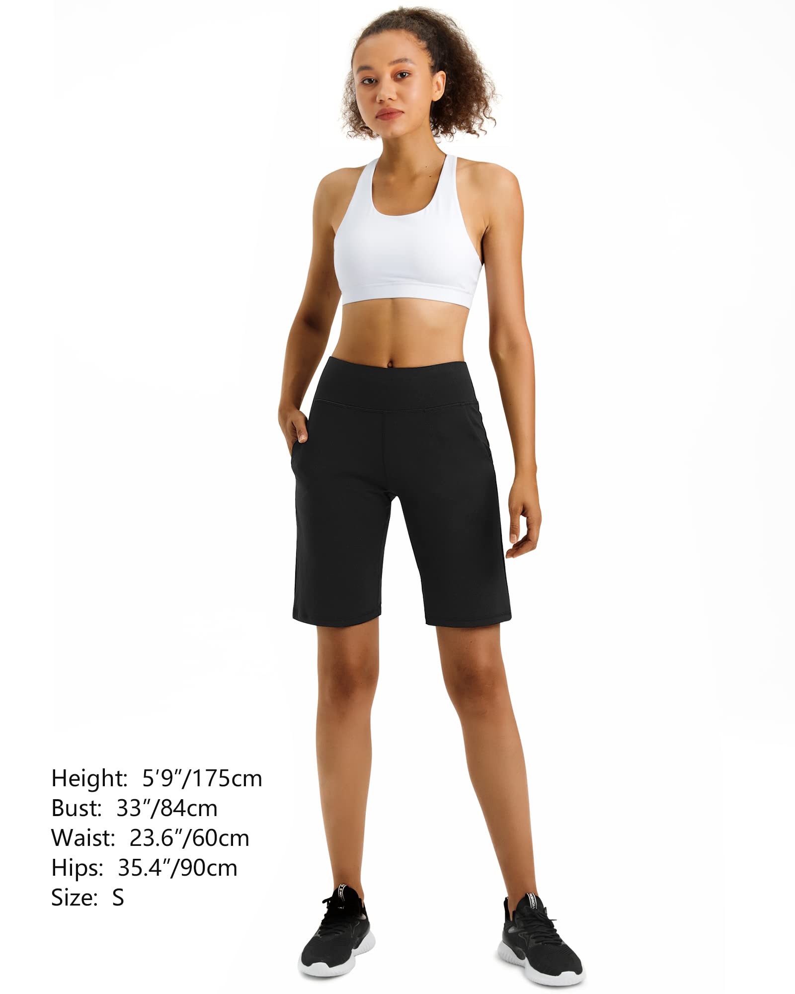 Stelle Women's 10" High Waist Athletic Bermuda Shorts Long Shorts with Pockets for Yoga Running Workout (Black, L)
