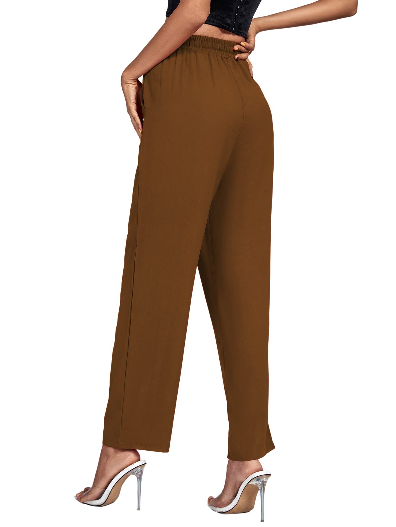 Umenlele Women's Casual Drawstring Elastic High Waist Pants Sport Yoga Jogger Trousers with Pockets Brown Large