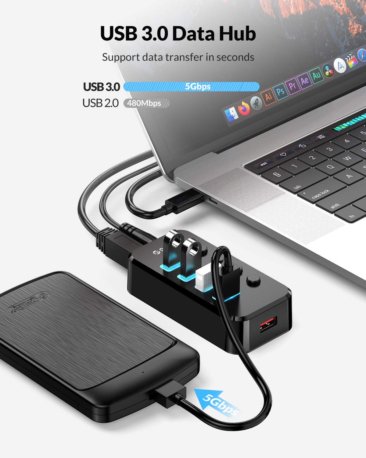USB Hub 3.0, ORICO 4 Ports USB Data Hub + 1 USB Smart Charging Port, 39.37 Inch USB Extension Cable, 12V/2A Power Adapter and Individual On/Off Switches for PC, HDD, PS4 and More