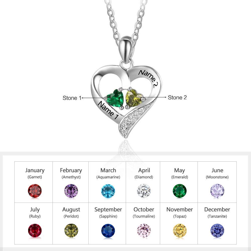 Sterling Silver Personalized 2 Names Necklace with 2 Heart Simulated Birthstone Couple Pendant Necklace for Women (Silver)