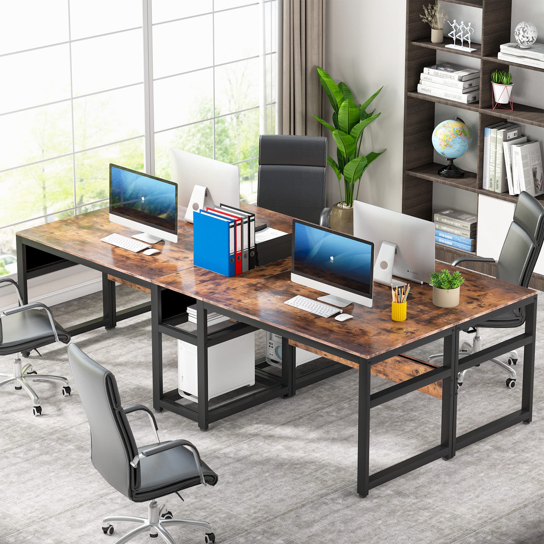 Tribesigns Lift Top Computer Desk, 78.8 inch Height Adjustable Double Home Office Desk Dual Writing Table Workstation with Storage Shelves