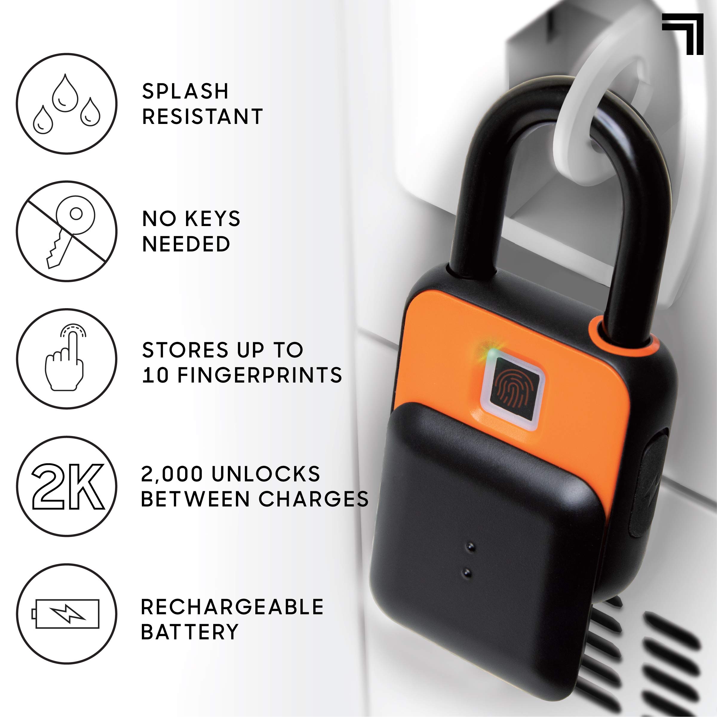 SHARPER IMAGE Fingerscan Digital Padlock, Biometric Keyless Code-Free Smart Lock, Rechargeable and IP66 Waterproof, Portable Security for Locker, Bike, Door, Gate, Home, Securely Unlock w/ Thumbprint