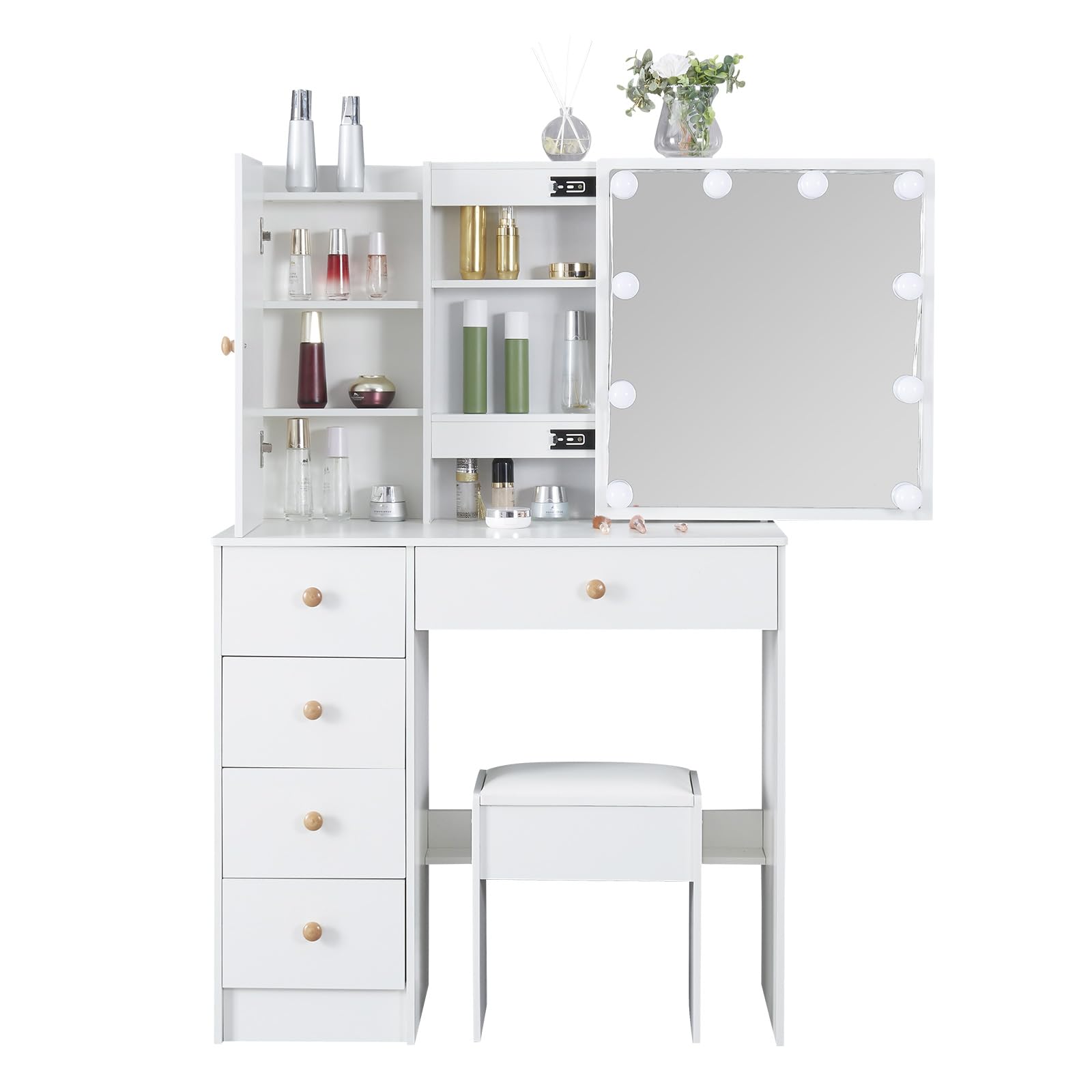 TOJUMP White Makeup Vanity with Lighted Mirror, Vanity Table with Storage Drawer, Dressing Table with Cushioned Stool and for Bedroom, Makeup Room (Modern D2)