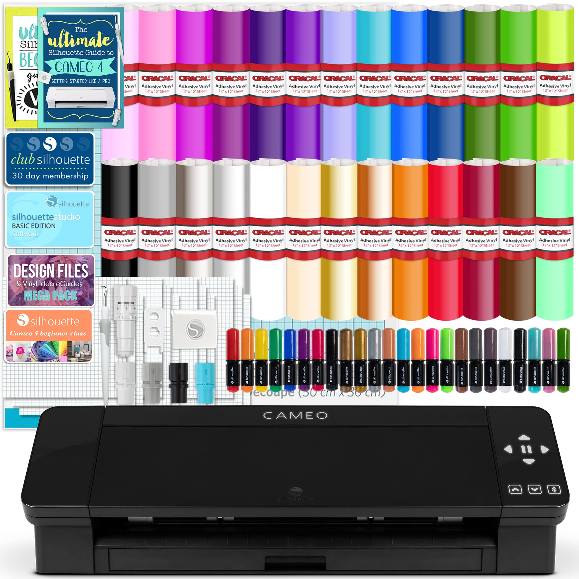 Silhouette Black Cameo 4 Starter Bundle with 26 Oracal Vinyl Sheets, Transfer Paper, Class, Guides and 24 Sketch Pens