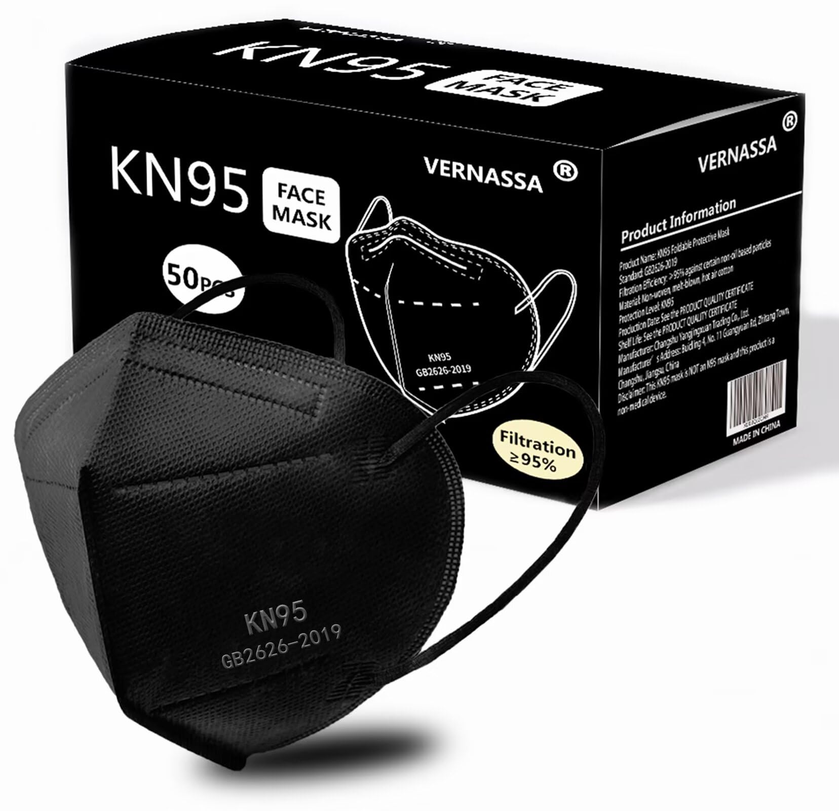 VERNASSA KN95 Face Mask 50 Pack, Individually Wrapped, 5-Ply Breathable Comfortable Safety Mask Filter Efficiency≥95% Against PM2.5 Black masks