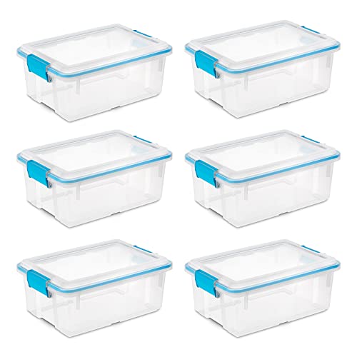 Sterilite 12 Qt Gasket Box, Stackable Storage Bin with Latching Lid and Tight Seal, Plastic Container to Organize Basement, Clear Base and Lid, 6-Pack