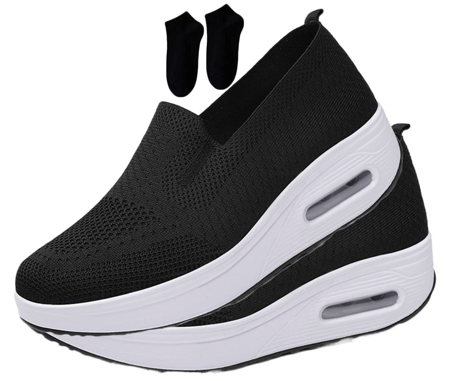 THUCHENYUC Womens Orthopedic Walking Shoes, Air Cushion Slip-On Walking Shoes Platform Mesh Sneaker Sandals (Color : Black, Size : 8)