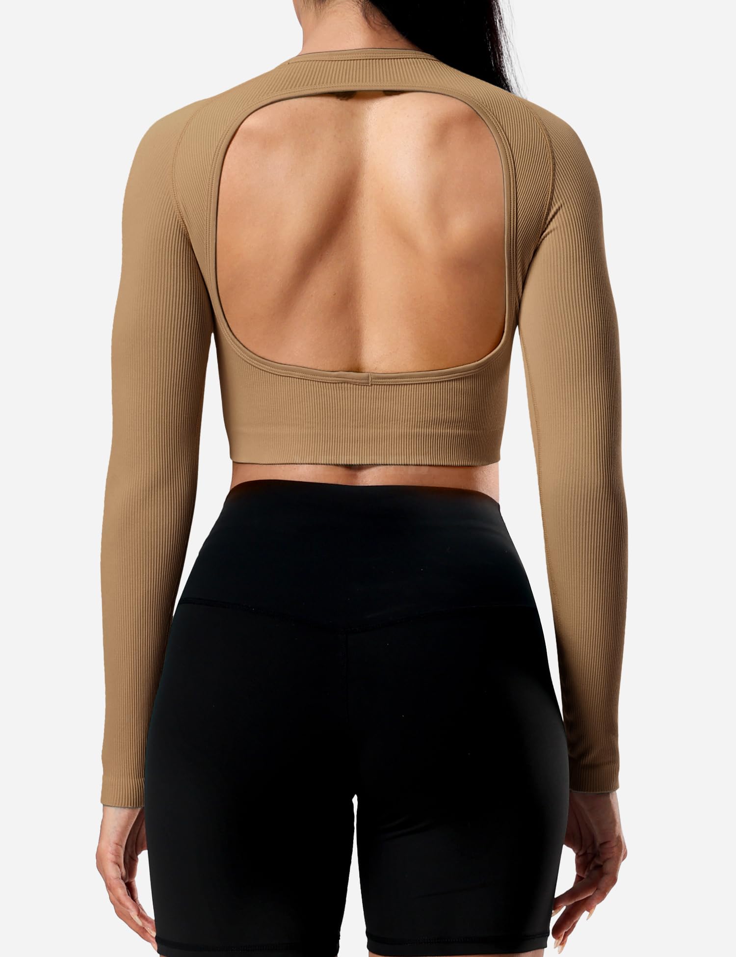 YEOREO Janelle Ribbed Open Back Top Womens Activewear T-Shirts Workout Yoga Gym Shirts Long Sleeve Tank Black
