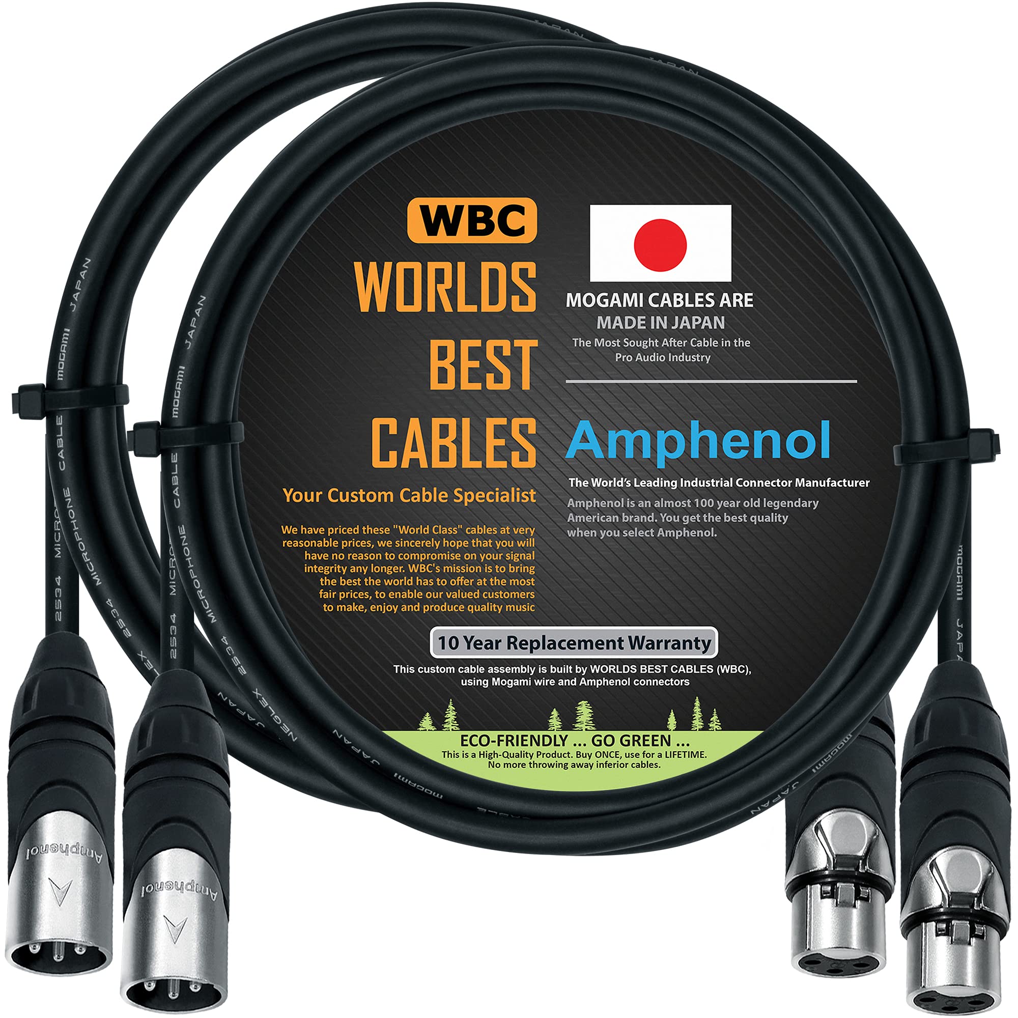 WORLDS BEST CABLES 2 Units - 6 Foot - Quad Balanced Microphone Cable CUSTOM MADE using Mogami 2534 wire and Amphenol AX3M Male & AX3F Female Silver XLR Plugs