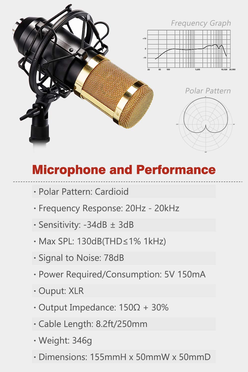 ZINGYOU Desktop Microphone Set ZY-801+ Condenser Microphone Professional Studio Cardioid PC Mic Bundle for Studio Recording and Broadcasting (Sunrise Gold)