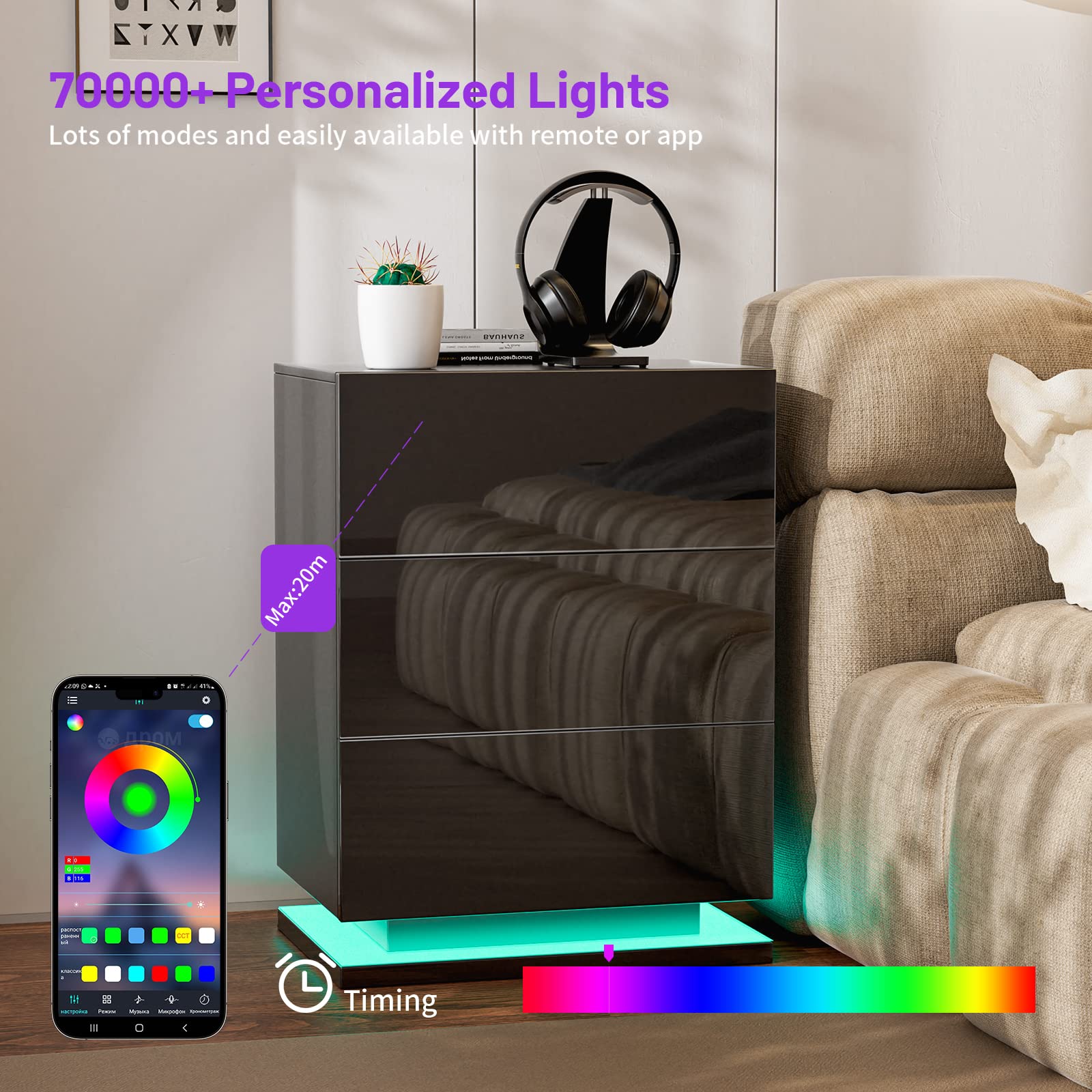 YILQQPER Nightstand Set of 2 with LED, End Tables with 3 Drawers and I Flapping Top Box, Night stand for Bedroom, Living Room, Modern Tall Bedside Table with High Gloss Panel (Gloosy White)
