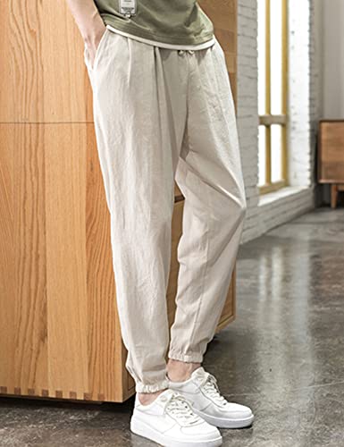 Zontroldy Men's Pants Cotton Linen Yoga Golf Beach Jogger Sweat Lounge Harem Pants Trousers(0009-Khaki1-L)