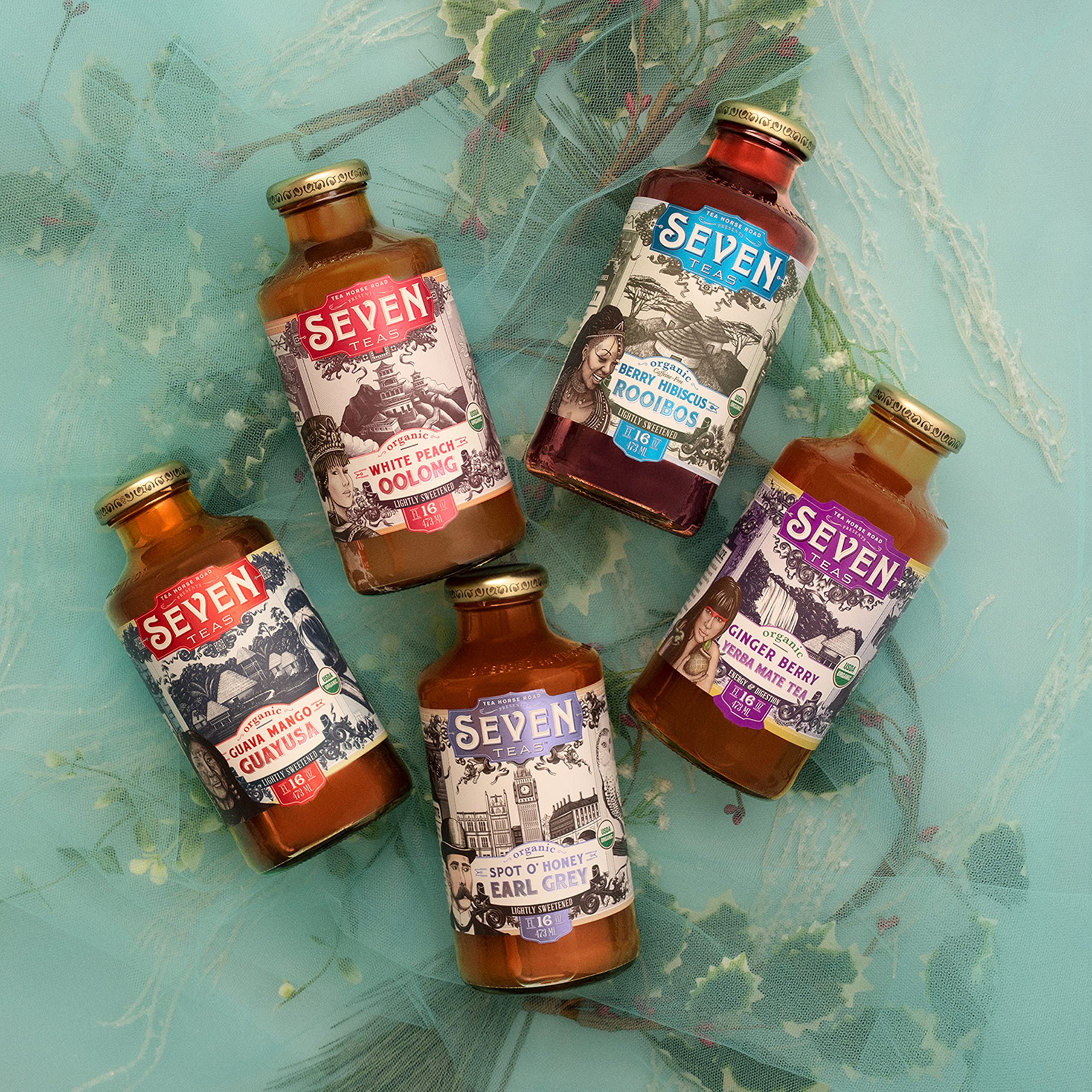 SevenTeas Around the World Variety Pack of Teas, 16 OZ (Pack of 12 Bottles), Organic, Bottled Iced Teas