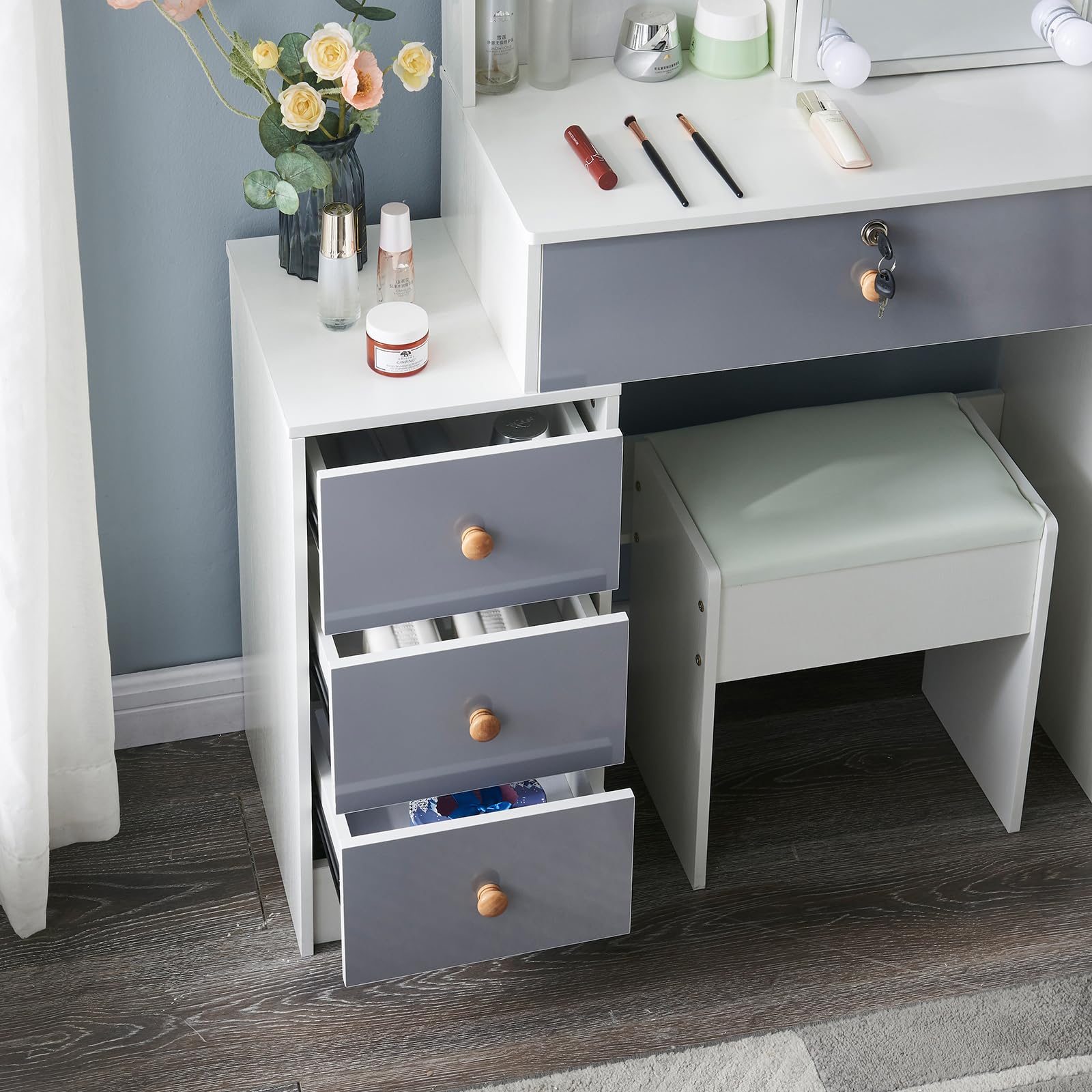White Vanity with Lights and Mirror, Vanity Set Dressing Table with Drawers and Stool, Shelves Makeup Vanity Desk for Bedroom