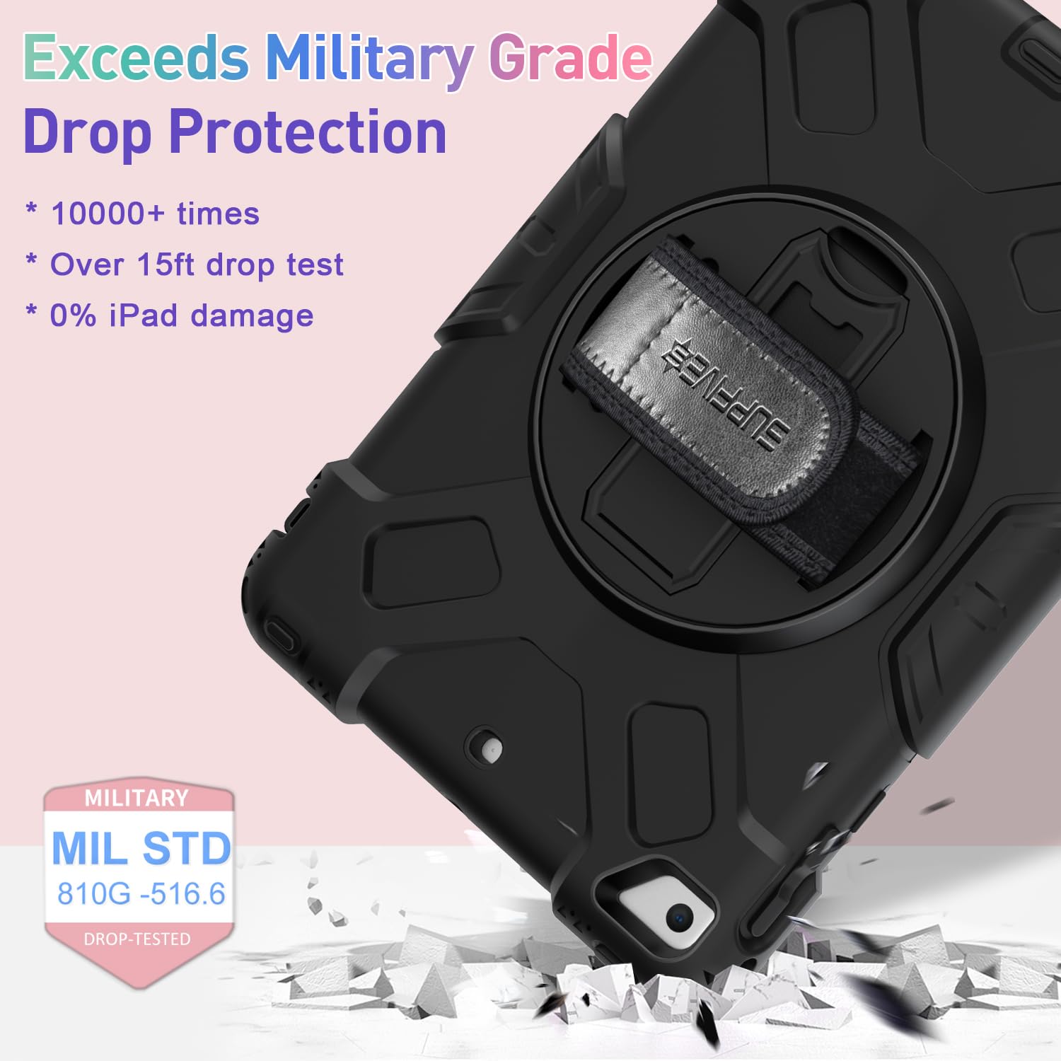 SUPFIVES Case for iPad Mini 5 2019, iPad Mini 4 Case for Kids Military Grade Protective Rugged Case with Shoulder Strap + Kickstand + Pencil Holder for iPad Mini 5th/ 4th Generation 7.9 inch- Black