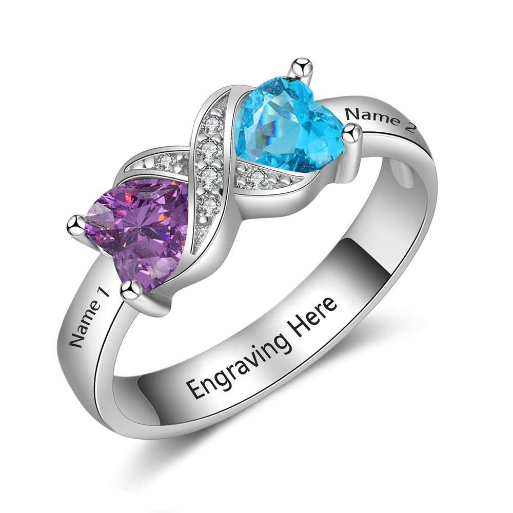 Tian Zhi Jiao Customized 2 Heart Simulated Birthstone Mothers Ring Engraved 2 Names Personalized Promise Ring for Women (6)