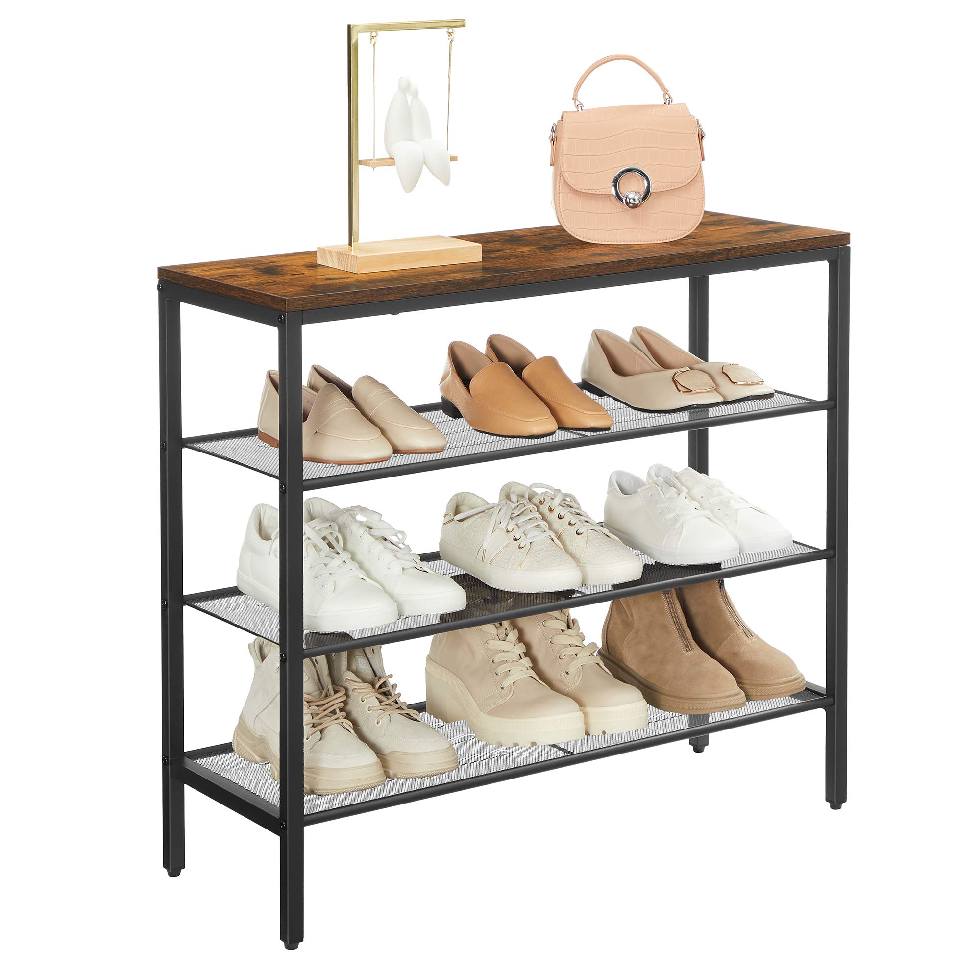 VASAGLE 5-Tier Rack, Freestanding Shoe Storage Organizer, Mesh Shelves, Space-Saving in the Entryway, Industrial, Rustic Brown + Black