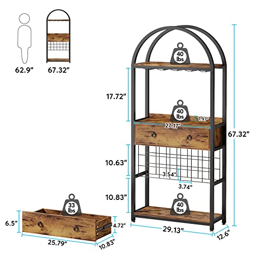 Tribesigns Wine Rack Cabinet Tall Freestanding Floor Liquor Cabinet with Glasses Holder and 1 Drawer, Industrial 21-Bottle Metal and Wood Wine Rack Table for Home Bar, Kitchen, Dining, Rustic Brown