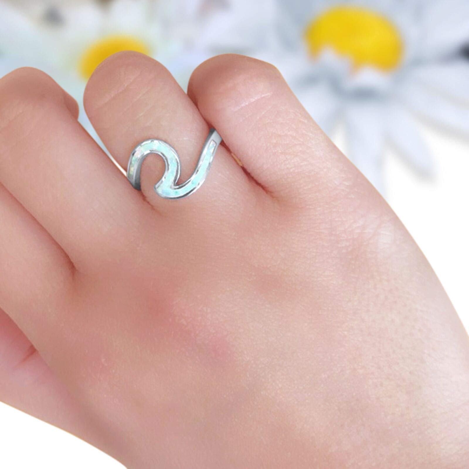 Wave Swirl Band Ring Irregular Shape Lab Created White Opal 925 Sterling Silver, Size-6