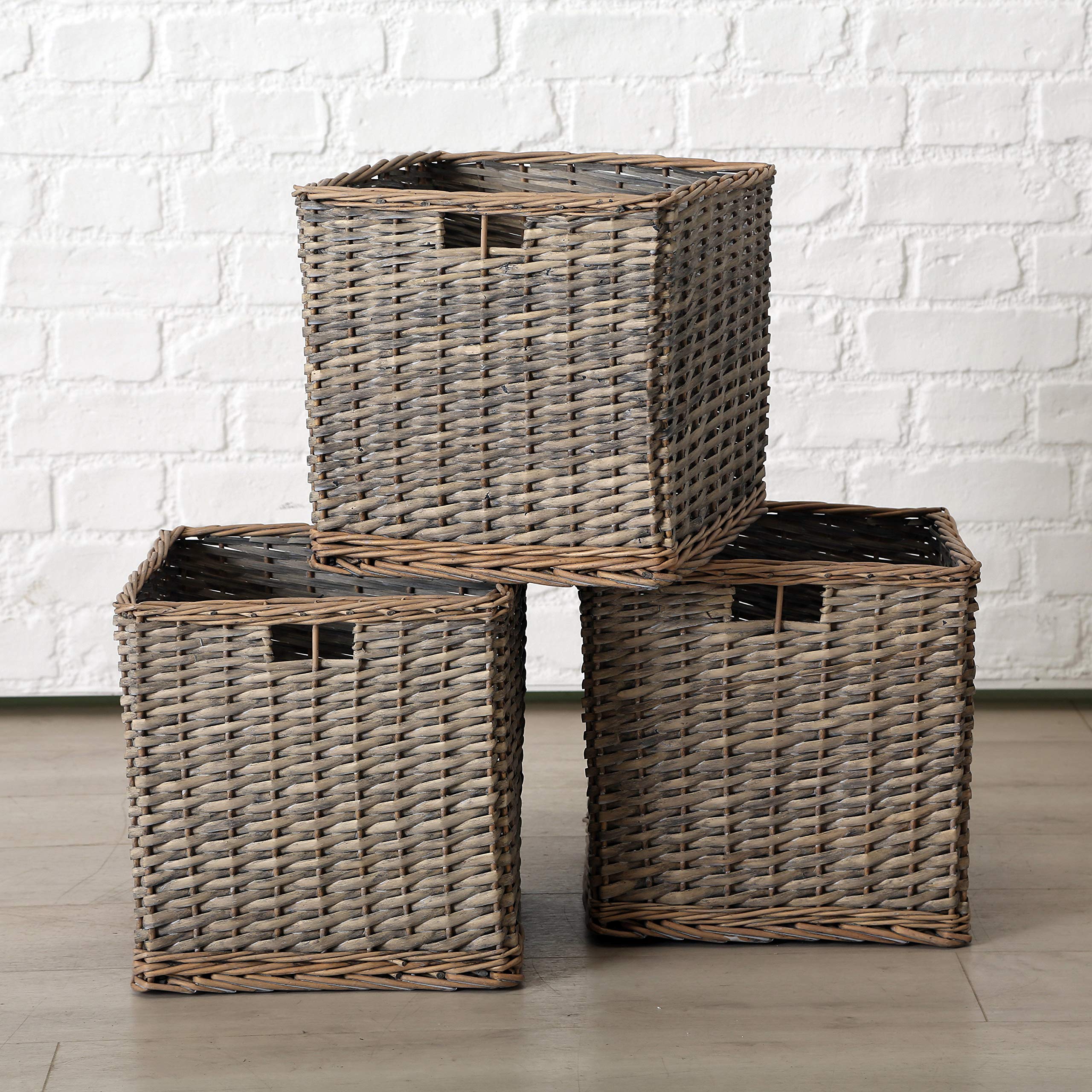 WHW Whole House Worlds Hamptons Bench, A-Frame Storage, Coastal Style Cubbies, White with 3 Brown Willow Wicker and Wood Baskets, MDF Frame, 57 Long x 12.75 Wide x 19.75 Tall Inches
