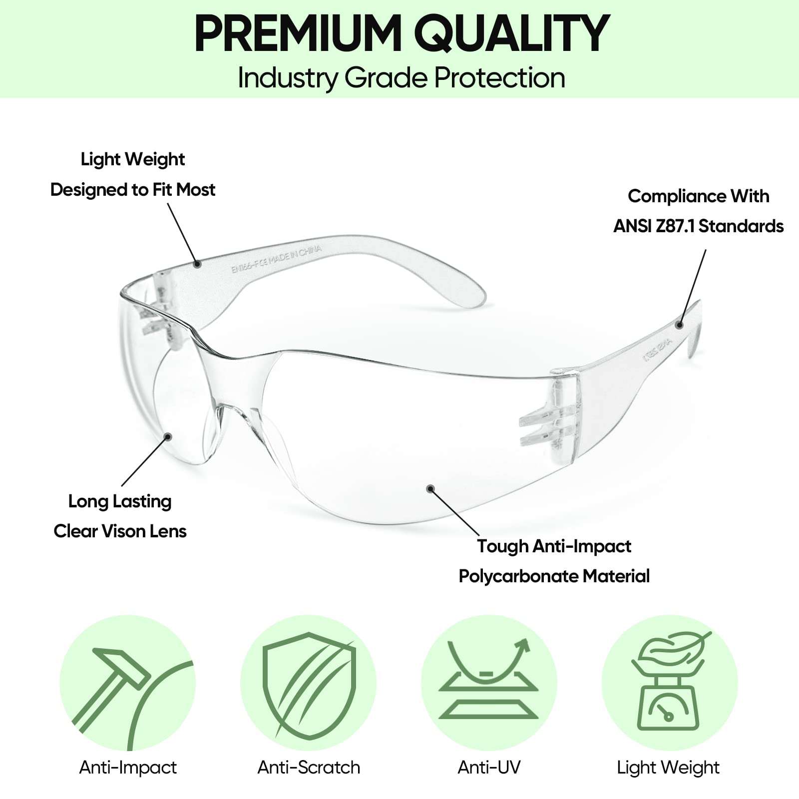 TICONN 3 Clear Safety Glasses for Men, Safety Goggles with Scratch Impact Resistant Meets ANSI Z87.1 Standard (3 Pack)