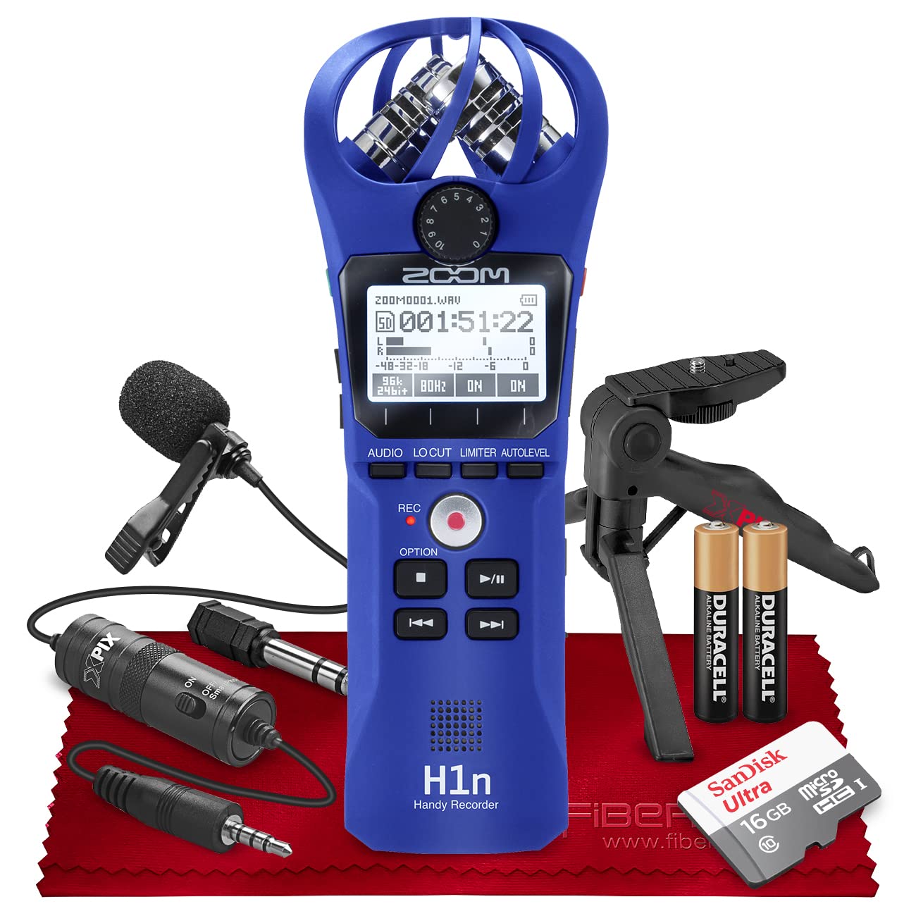 Zoom H1n 2-Input / 2-Track Portable Handy Recorder with Onboard X/Y Microphone (Blue) + Xpix Professional Lavalier Microphone, 16GB Micro Memory Card, Xpix Tripod, AAA Batteries & Accessories
