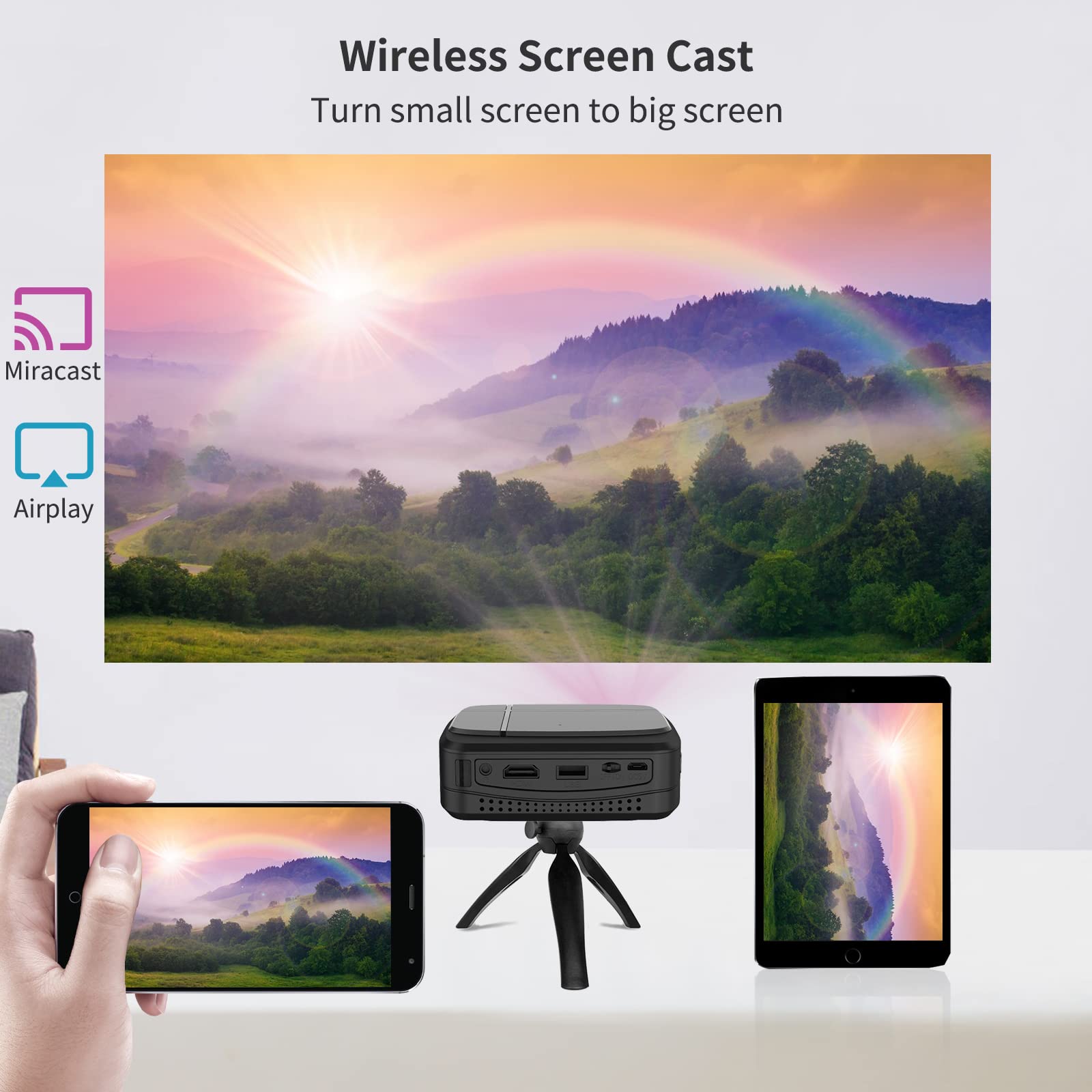 WIKISH Mini Portable Projector Wireless Wifi Airplay Smart Phone,Pocket Dlp 3D Movie 5200mAh Battery Video Projector Support Pc Av Hdmi Usb Stick Ps4