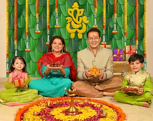 Ticuenicoa 7×5ft India Pooja Traditional Photography Backdrop Diwali Backdrops Banana Leaf Green Chatiya Ganesh Background Marigold Puja Ganpati Wedding Photo Tapestry Booth Props