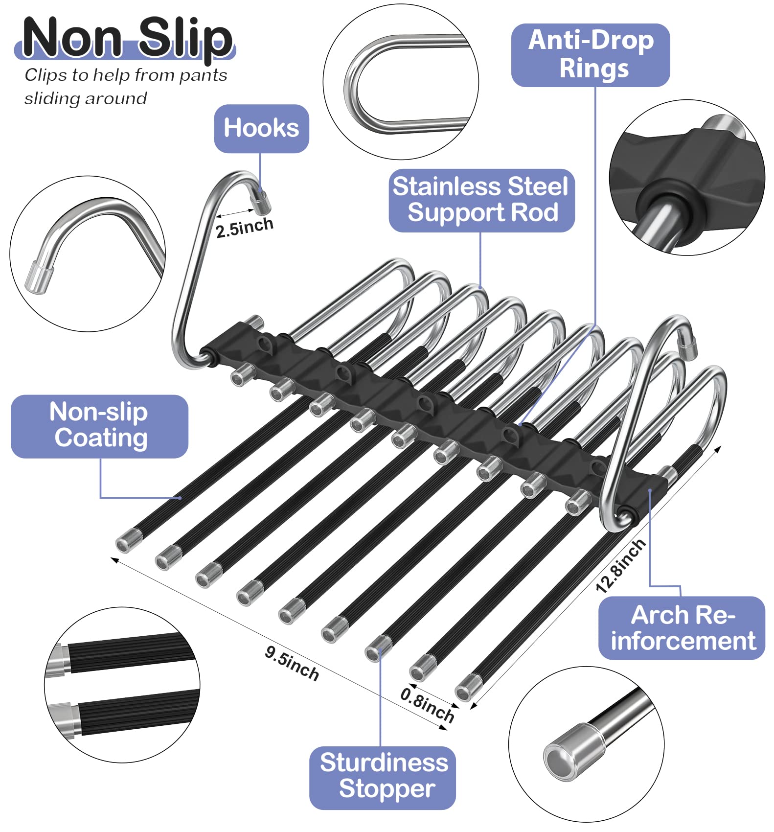 Upgrade 9 Layers Pant Hangers Space Saving, Non Slip Stainless Steel Multifunctional Pants Rack S-Type Clothes Pant Closet Hanger Organizer with Hooks for Pants Jeans Trousers Scarf (4 Pack, Black)