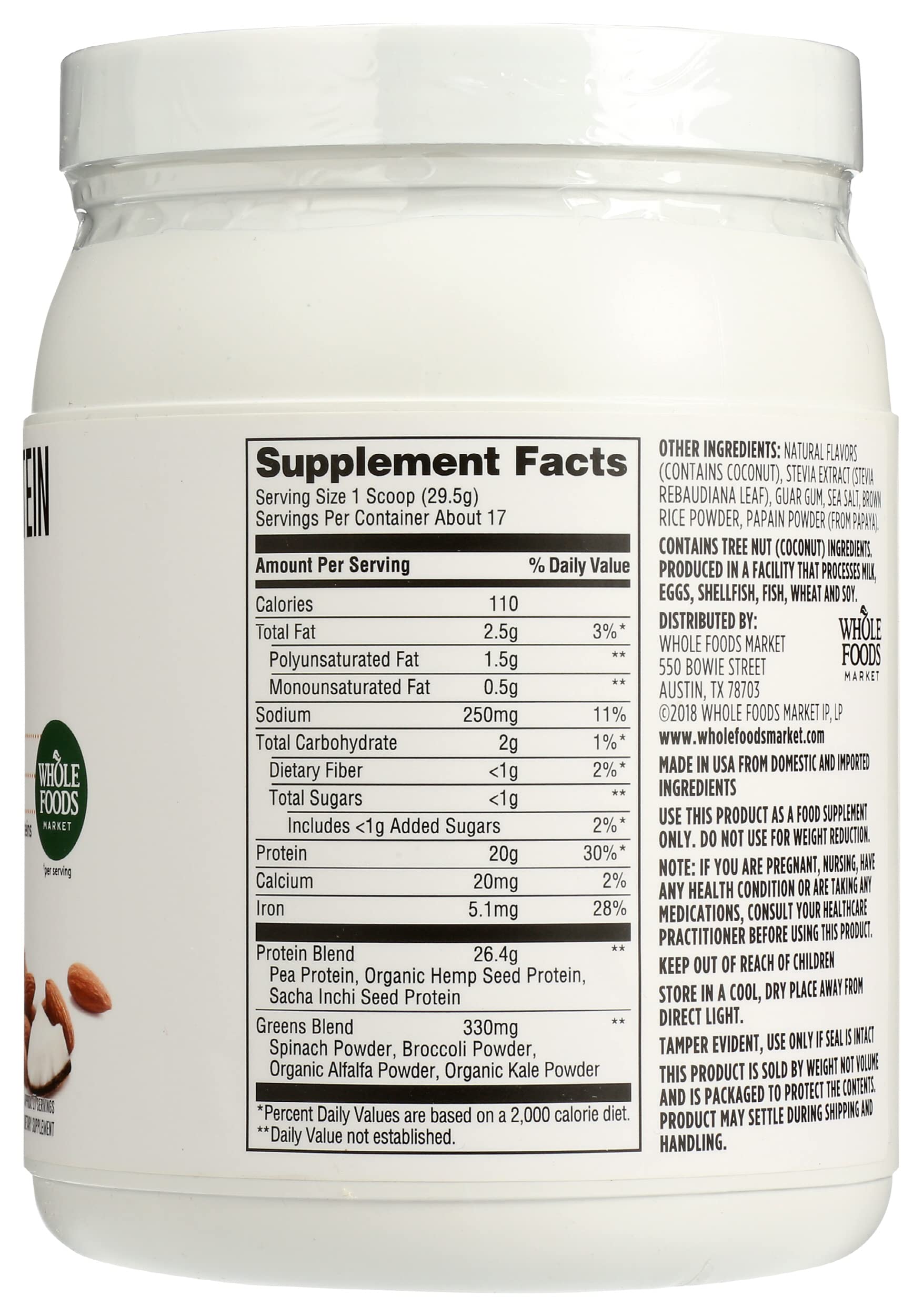 Whole Foods Market, Protein Powder And Greens Coconut Almond, 18 Ounce