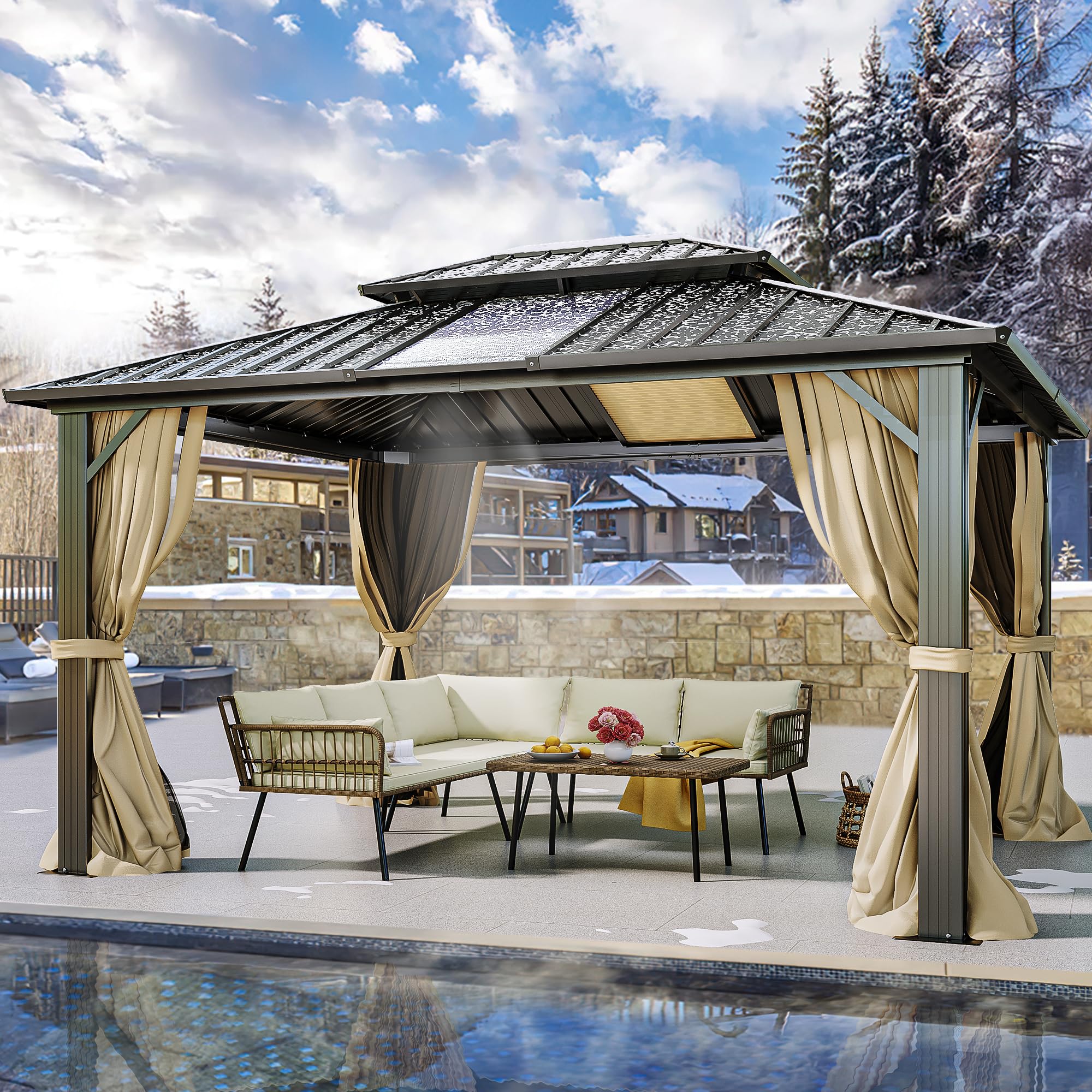 YITAHOME 10x12FT Gazebo Double Roof Skylight Canopy Galvanized Iron Hardtop with Netting and Curtains Outdoor Aluminum Frame Garden Tent for Patio, Backyard, Deck and Lawns