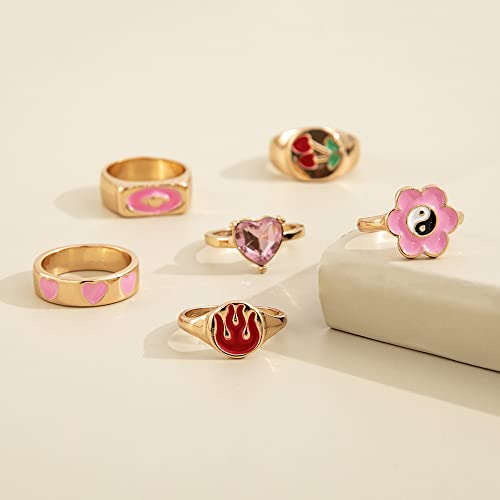 YOOESTORES82 Cute Gold Knuckle Ring Set Heart Yin Yang Stackable Rings Rhinestone Flower Multiple Flame Midi Finger Ring Sets for Women Girls (A)