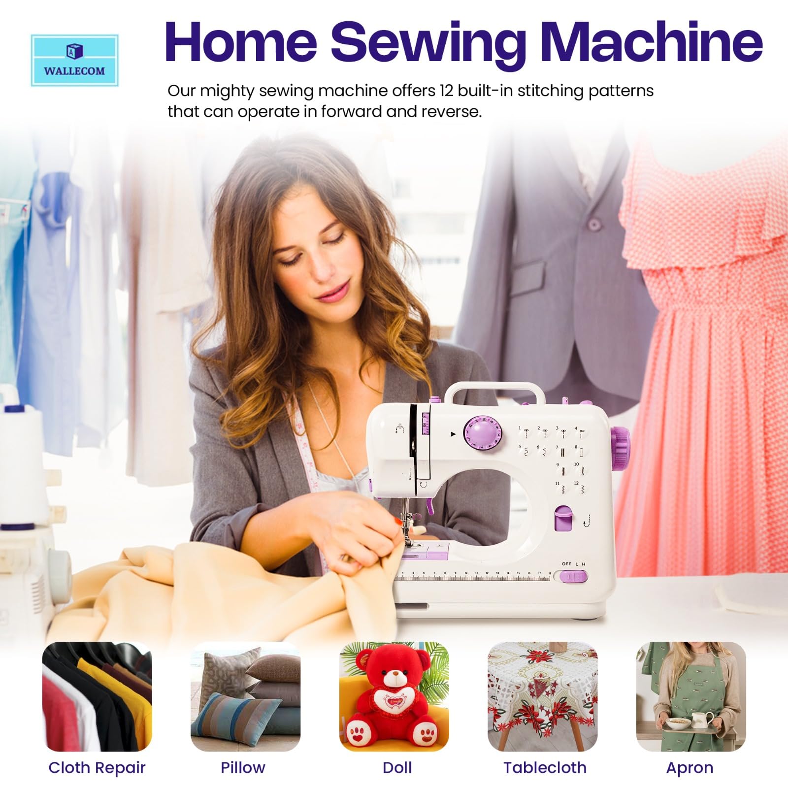 WALLECOM Portable Sewing Machine for Beginners with 12 Stitch Applications, Dual Speed, Reverse Stitch, Foot Pedal and 42 Pcs Sewing Kit - Small Sewing Machine, Easy to Use Electric Mini Sewing
