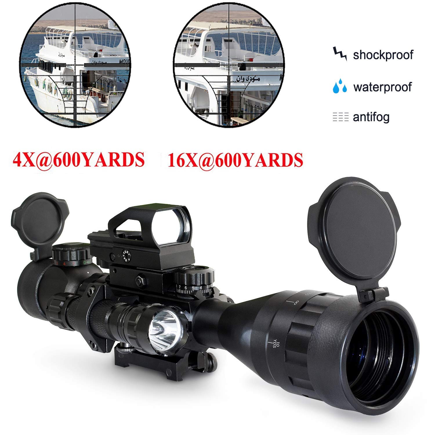 XOPin 4-16x50AO Rifle Scope Combo Dual Illuminated with Green Laser Sight 4 Holographic Reticle Red Dot for Rail Mount