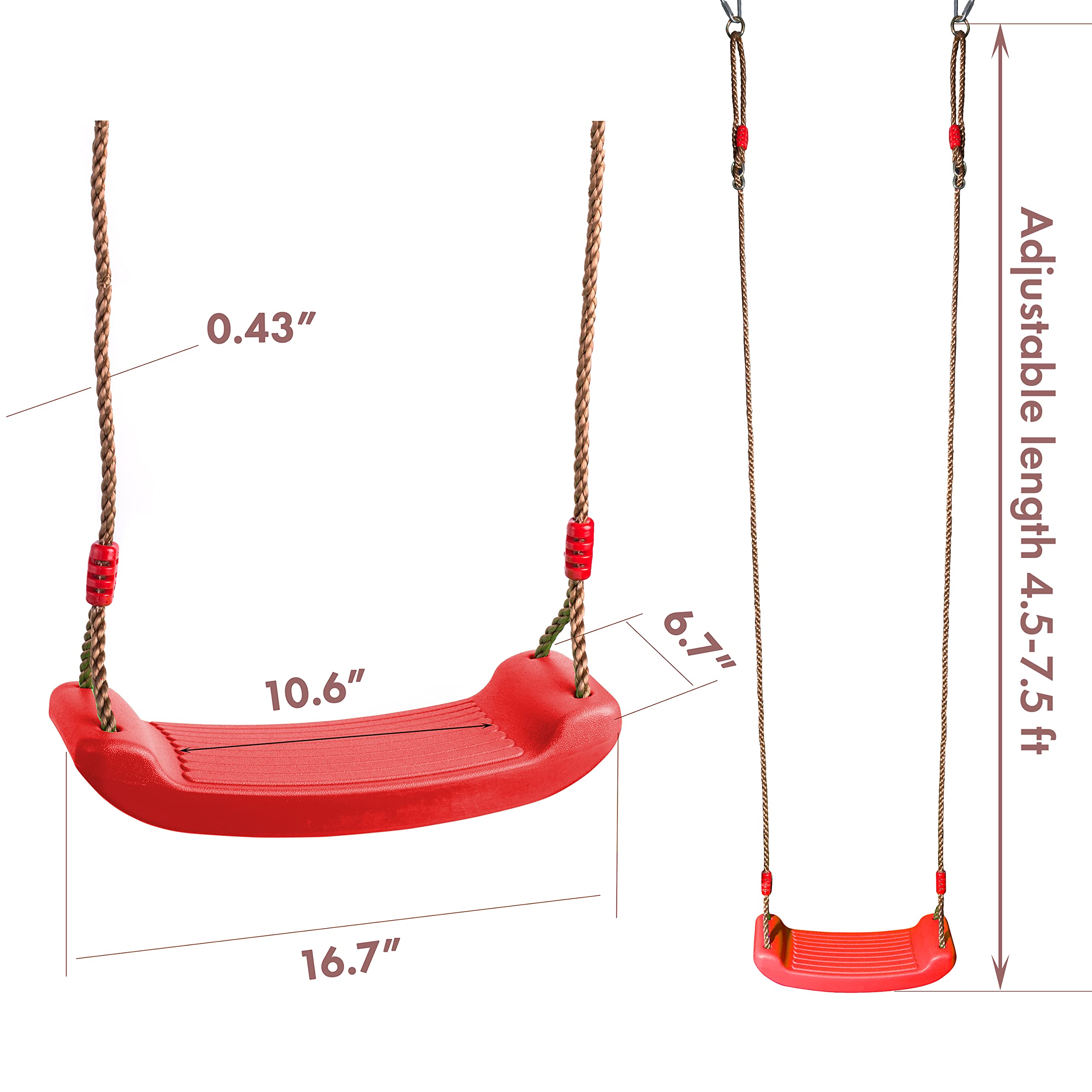 Swing seat Red for Kids and Adults with Length Control Hinge - 220lb Load - Ninja Slackline Ready - Triangle carabiners Included - Playground Swing Set Accessories Replacement