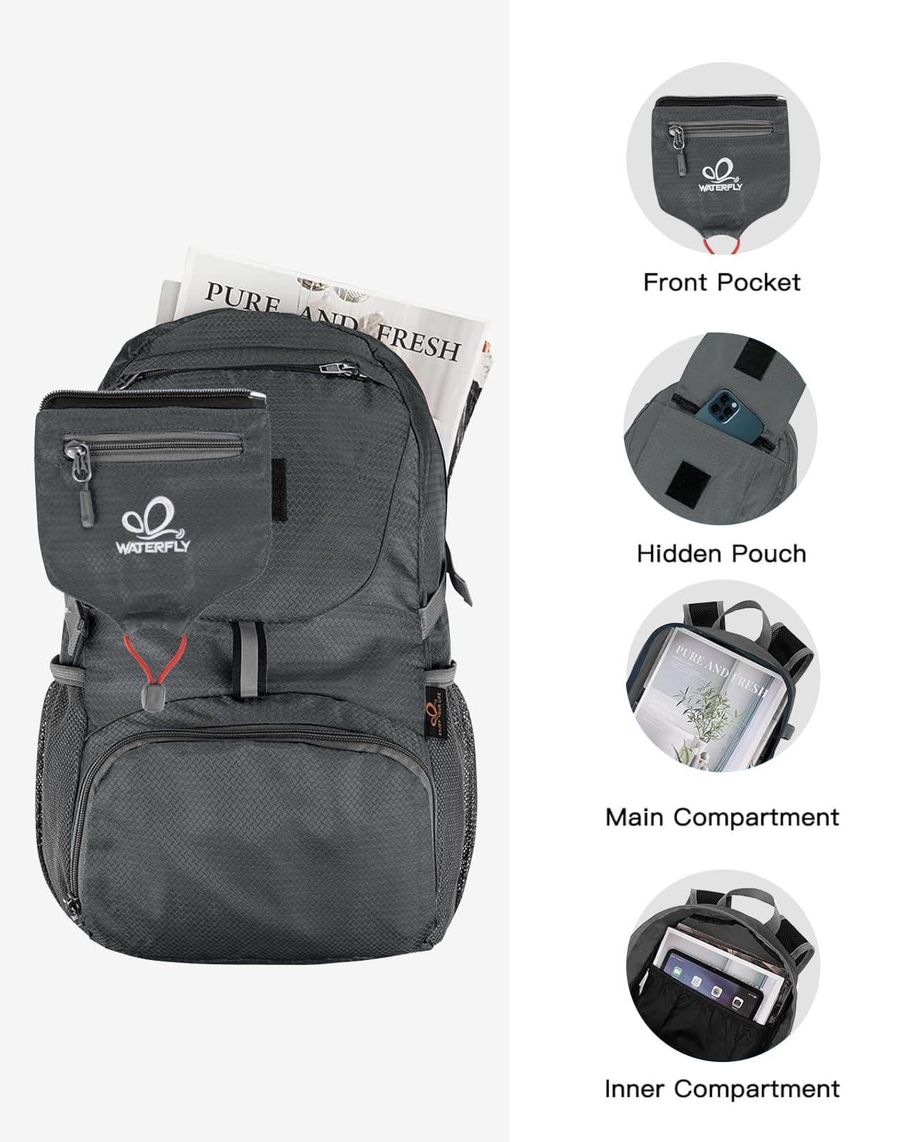 WATERFLY Small Lightweight Packable Backpack: 20l Ultra Light Foldable Travel Hiking Camping Daypack Day Pack for Man Woman
