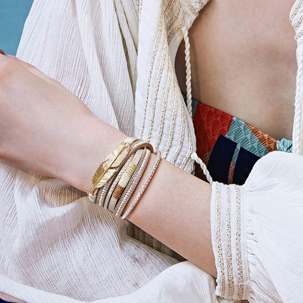 Wovanoo 3Pack Leather Cuff Bracelet Set Multilayer Wrap Feather Magnetic Clasp Bracelet for Women 3pack
