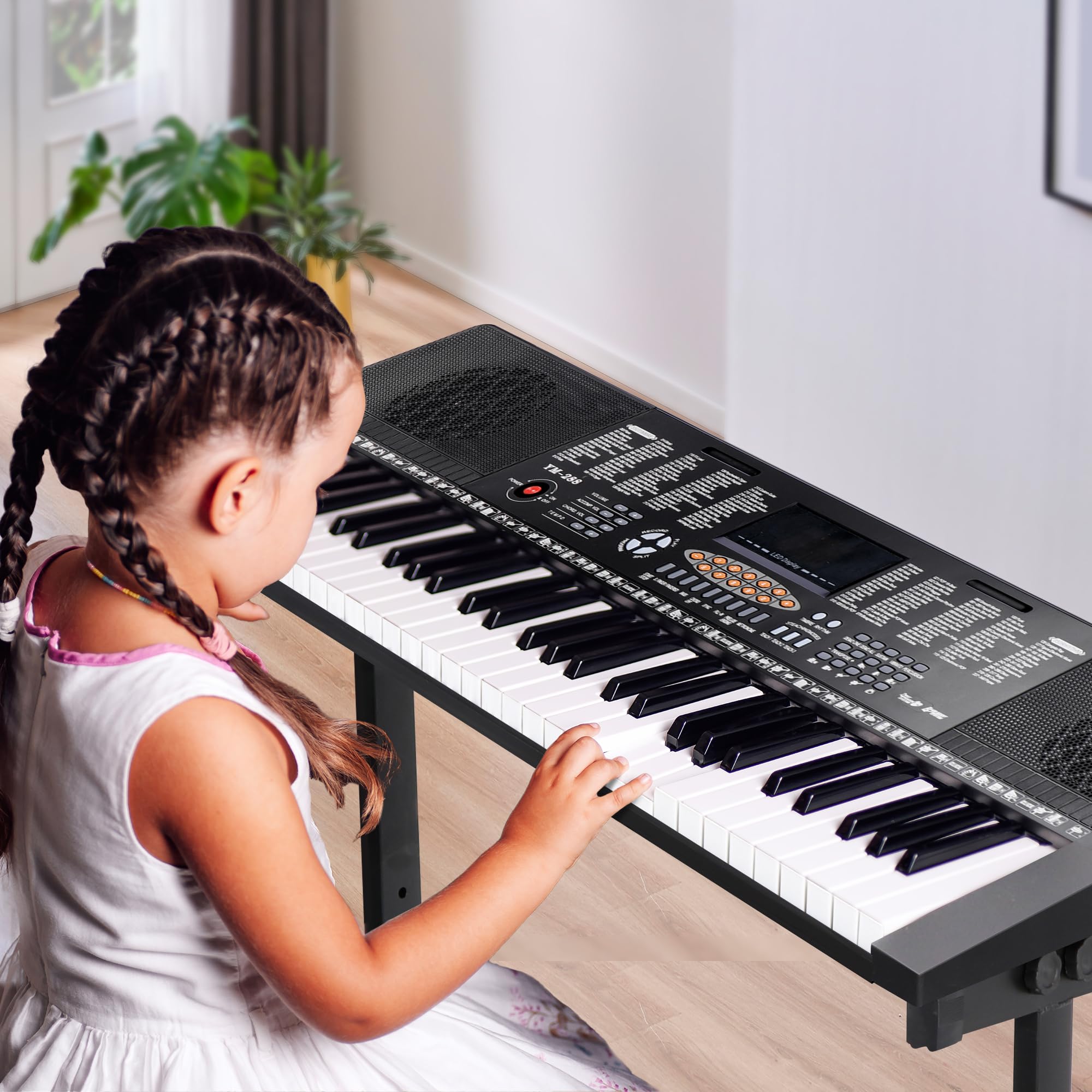 ZENY 61-Key Portable Electric Keyboard Piano with Built In Speakers, LED Screen, Headphones, Microphone, Piano Stand, Music Sheet Stand and Stool
