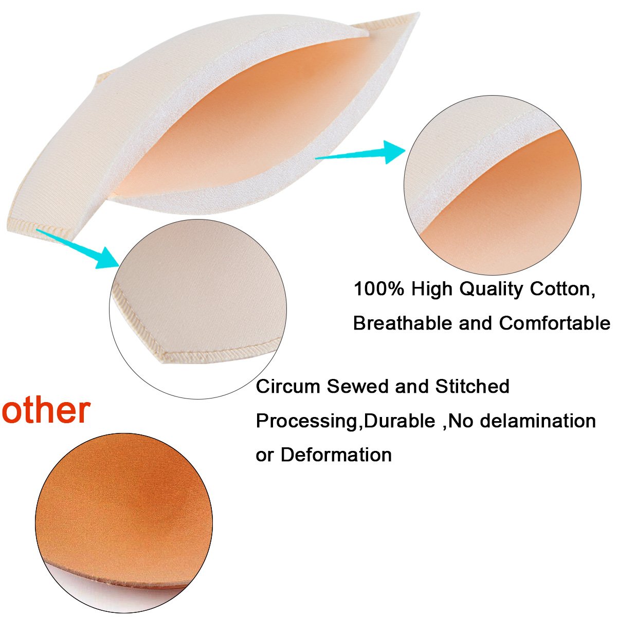 SERMICLE Bra Inserts 4 Pairs, Bra Pads Sewed Stitched Removable for Sports Bra B/C,C/D & D/E Cup Optional (Beige Semicircle, D/E Cup)