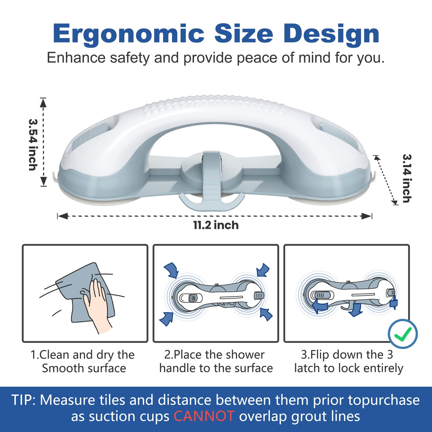 ππ©π π«ππππ 3 Suction Cup Grab Bars for Shower, ASLUCO Shower Handles for Elderly Suction, Shower Grab Bars for Seniors, Handicap Grab Bars for Bathroom Bath Bathtub Toilet - Light Blue