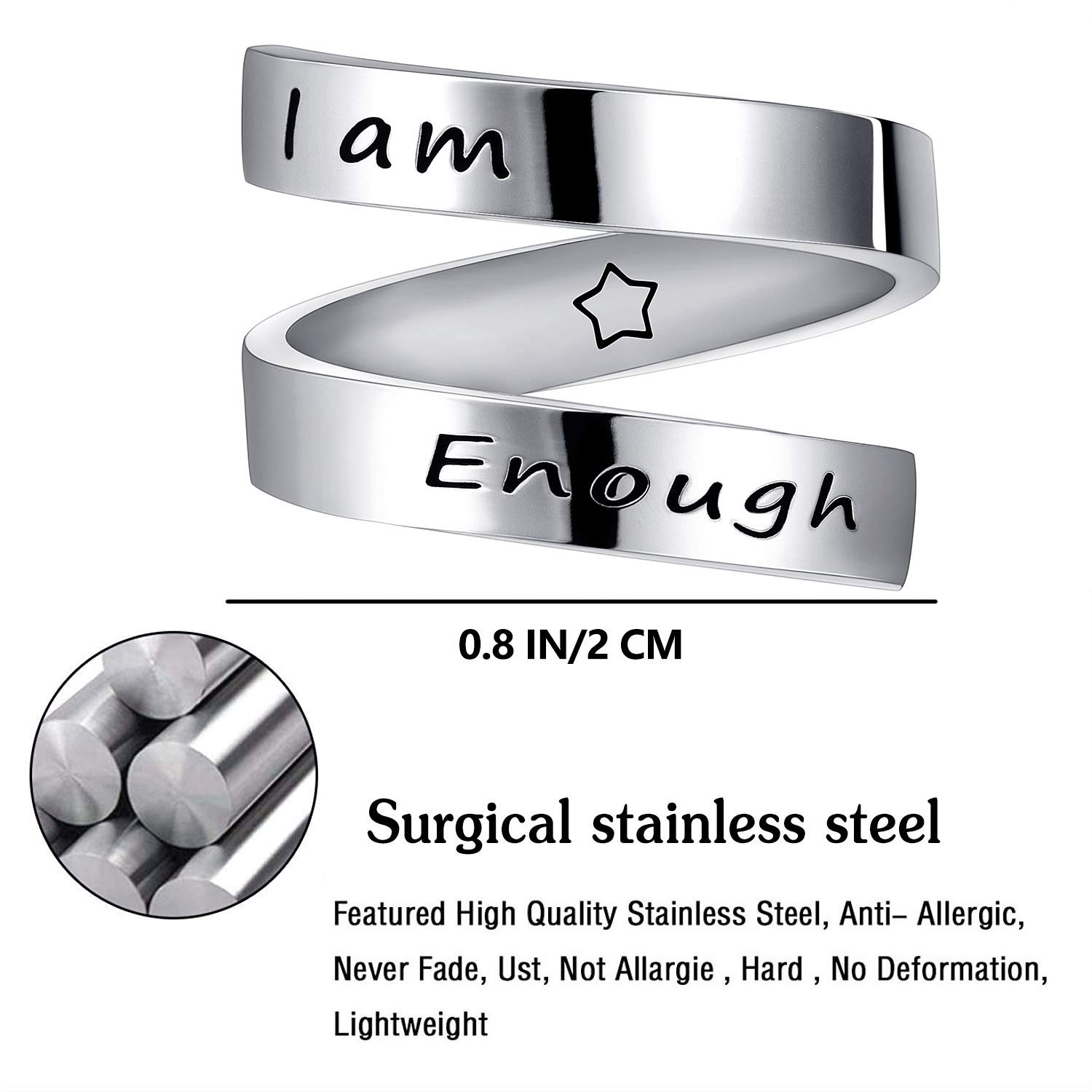 Wovanoo Inspirational Motivational Ring Gifts for Best Friend I Am Enough Personalized Stainless Steel Adjustable Twist Ring Gift for Birthday I Am Enough