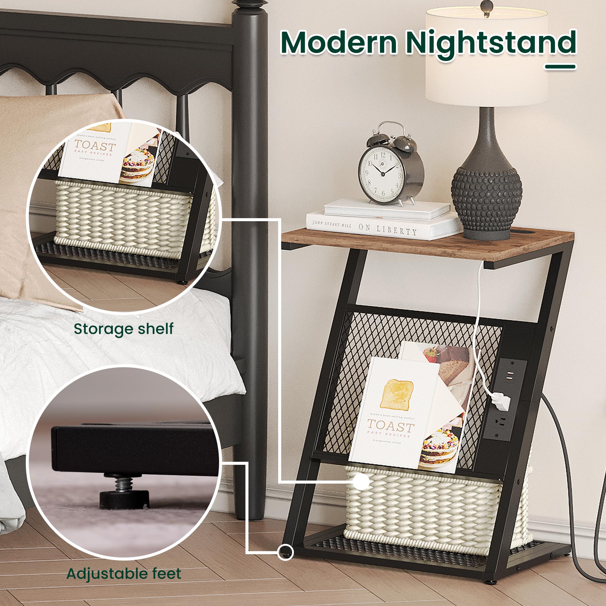 Yifeel End Table with Charging Station, Side Table with Storage Shelf, Bedside Table with Phone Stand, Nightstand for Small Spaces, Living Room, Bedroom, Rustic Brown and Black JET002CSR1